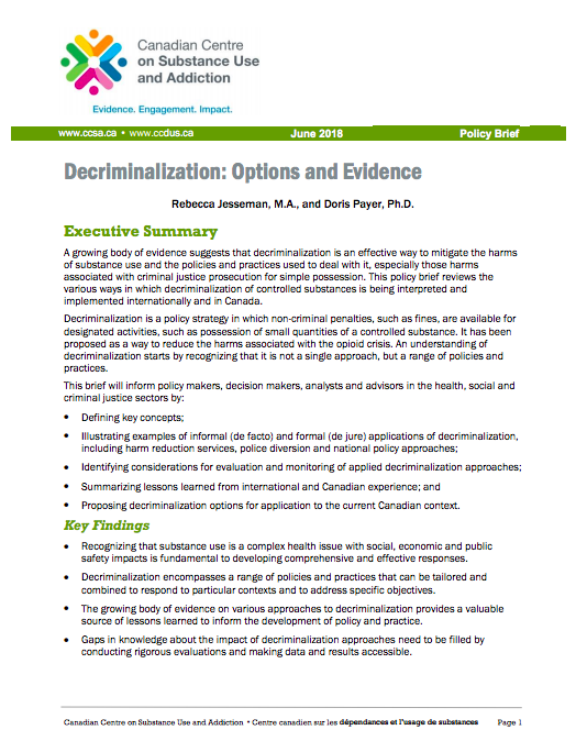 CCSA releases new policy brief: Decriminalization, Options and Evidence